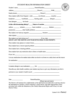 Fillable Online STUDENT HEALTH INFORMATION SHEET - Lorena ISD Fax Email Print - pdfFiller