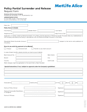 Fillable Online metlife Policy Partial Surrender and Release Request ...