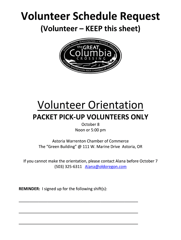 Fillable Online Volunteer Schedule Request Volunteer Orientation Fax ...