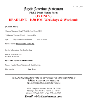 Fillable Online FREE Death Notice Form 1x ONLY DEADLINE - 130 Fax Email ...