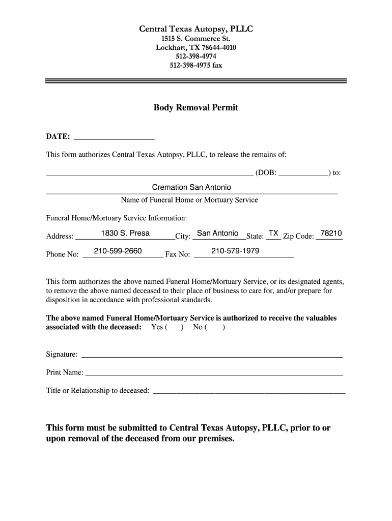 Fillable Online This form authorizes Central Texas Autopsy, PLLC, to ...