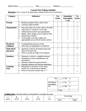 Fillable Online Cornell Note Taking checklist Use a - OKeeffe Middle ...
