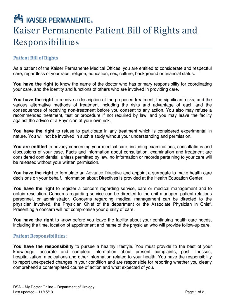 Fillable Online Kaiser Permanente Patient Bill of Rights and Fax Email ...