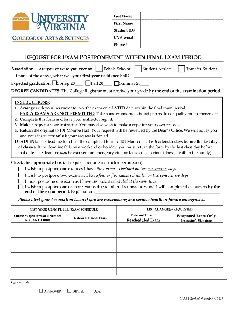 Fillable Online college as virginia REQUEST FOR POSTPONEMENT WITHIN ...