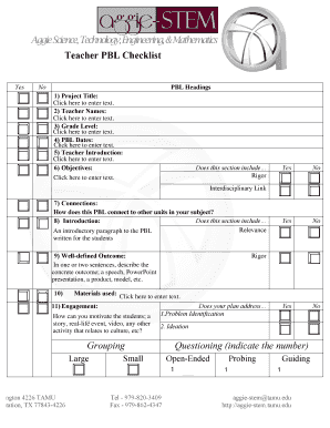 Fillable Online aggiestem tamu Teacher PBL Checklist Grouping ...