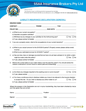 Fillable Online LIABILITY INSURANCE DECLARATION GENERAL Fax Email Print ...