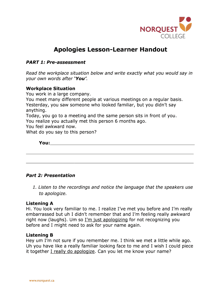 Fillable Online myenglishonline Apologies Lesson-Learner Handout ...