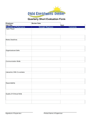 Fillable Online Quarterly Short Evaluation Form - Child Enrichment ...