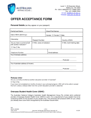 Fillable Online OFFER ACCEPTANCE FORM - ancviceduau Fax Email Print ...