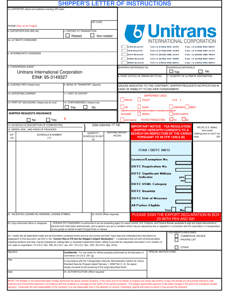 Fillable Online SHIPPER 'S LETTER OF INSTRUCTIONS 1a Fax Email Print ...