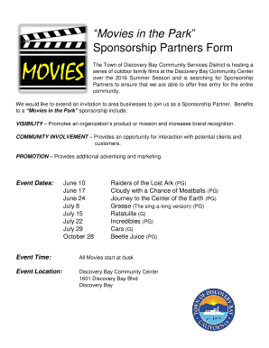 Fillable Online Movies in the Park Sponsorship Partners Form Fax Email ...