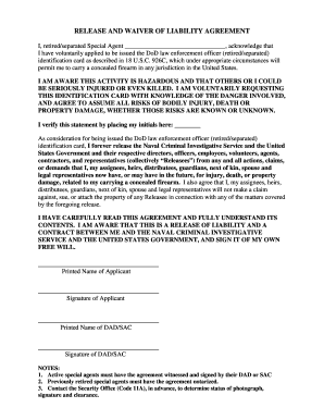 Fillable Online ncis navy RELEASE AND WAIVER OF LIABILITY AGREEMENT ...