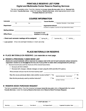 Fillable Online PRINTABLE RESERVE LIST FORM Digital and Multimedia ...