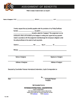Fillable Online piu Assignment of Benefits 0902 Fax Email Print - pdfFiller