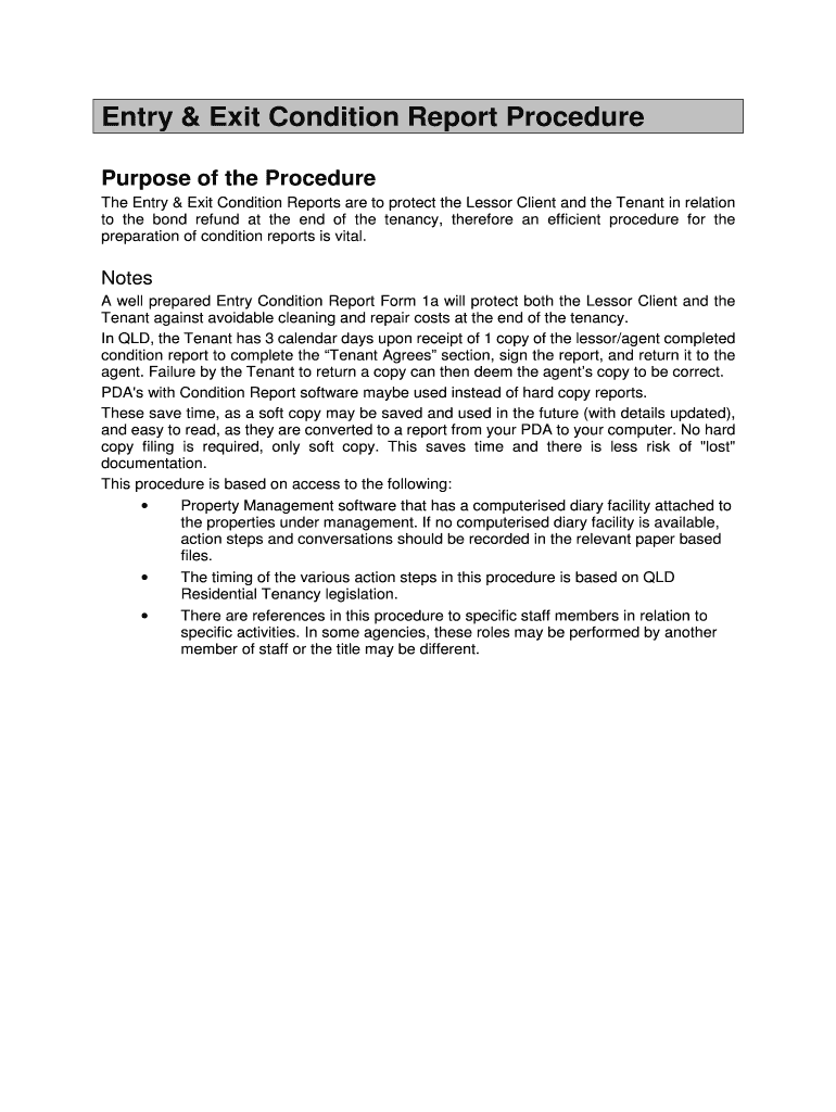 Fillable Online Entry & Exit Condition Report Procedure Fax Email Print ...