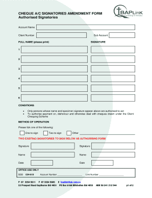 Fillable Online CHEQUE AC SIGNATORIES AMENDMENT FORM Authorised ...