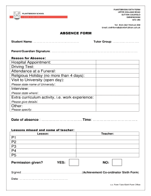 Fillable Online ABSENCE FORM - Plantsbrook School Fax Email Print ...
