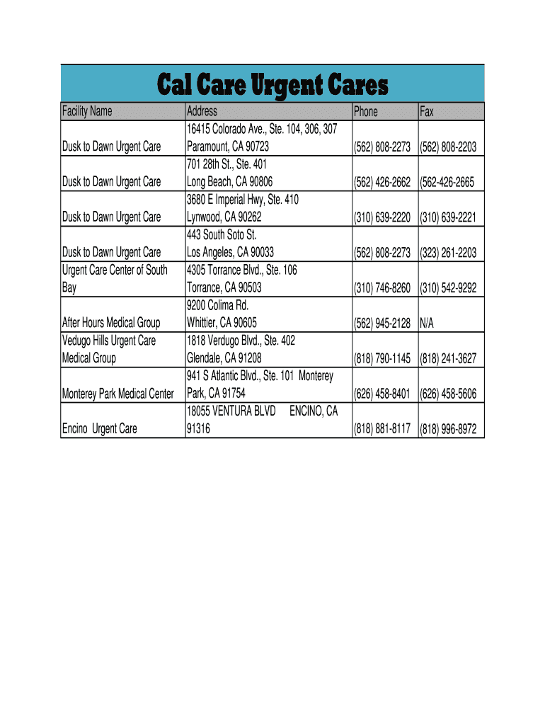 Fillable Online Cal Care Urgent Cares Fax Email Print - pdfFiller