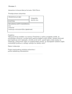 Fillable Online kcus Prednja strana iskaznice: FEDERACIJA BiH KANTON fotografija 28x32 mm ...