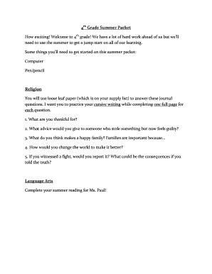 Fillable Online 4th Grade Summer Packet How exciting! Welcome to 4th ...