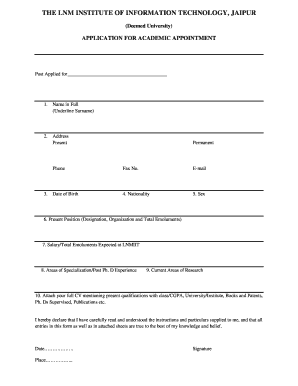 Fillable Online lnmiit ac Application Form Academic - LNM Institute of Information Fax Email ...