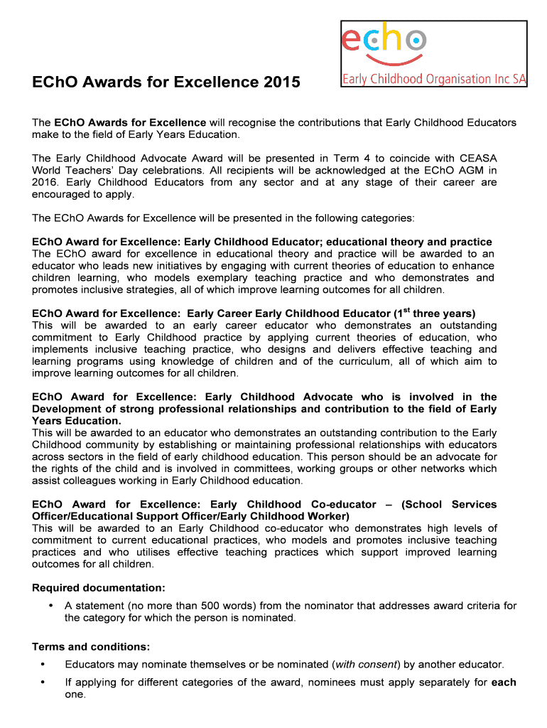 Fillable Online echo asn EChO Awards for Excellence 2015 - Echo, Early Childhood ... - echo asn ...