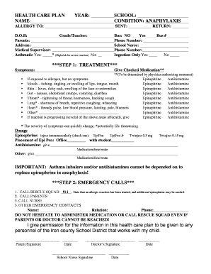 Fillable Online (Anaphylaxis) Health Plan - Iron County School District ...