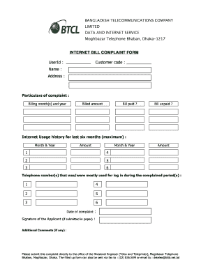 Fillable Online btcl portal gov INTERNET BILL COMPLAINT bFORMb UserId ...