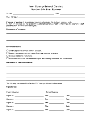 Fillable Online Iron County School District Section 504 Plan Review Fax ...
