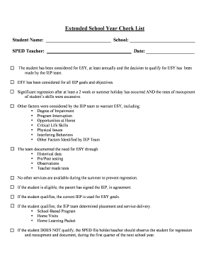 Fillable Online Extended School Year Check List - irondistrictorg Fax ...