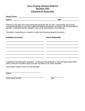 Fillable Online Iron County School District Section 504 Consent to ...