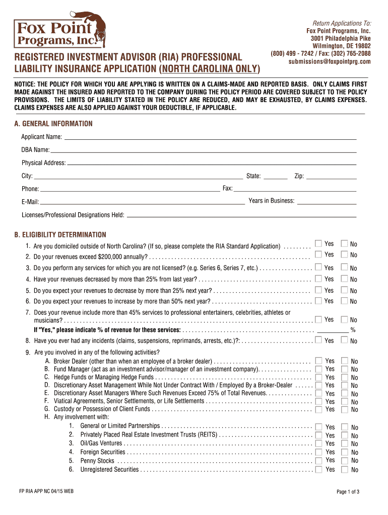 Fillable Online RIA Application - Fox Point Programs Fax Email Print ...