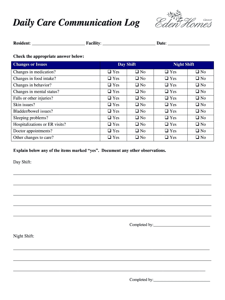 Fillable Online Daily Care Communication Log Fax Email Print - pdfFiller