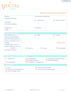Fillable Online Serious Adverse Event Report - Veritas IRB Fax Email ...