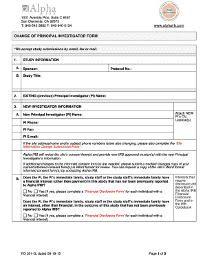 Fillable Online CHANGE OF PRINCIPAL INVESTIGATOR FORM - Alpha IRB Fax ...