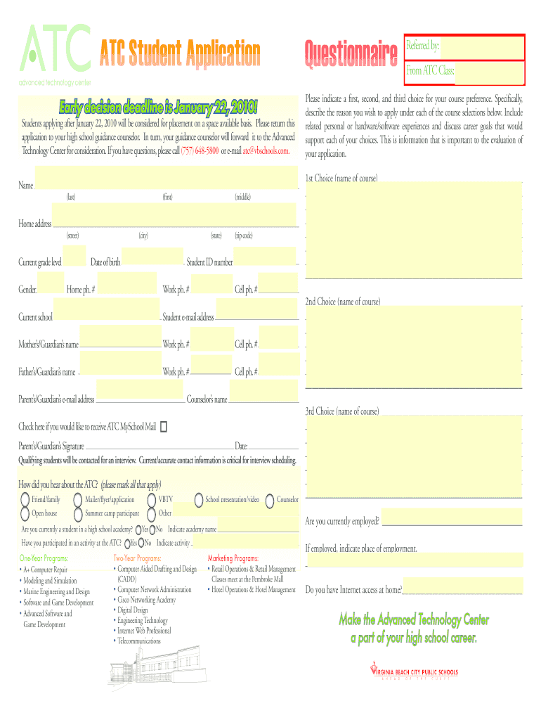 Fillable Online Wh ATC Student Application Questionnaire - the Advanced ...