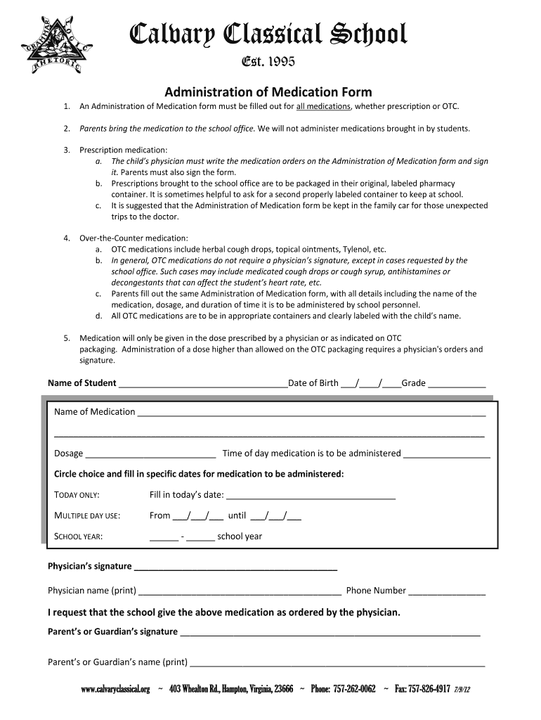 Fillable Online calvaryclassical Medication Administration Form ...
