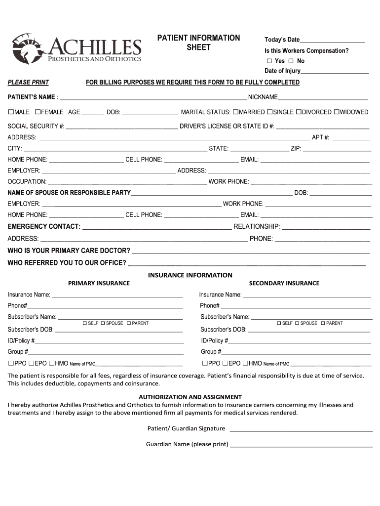 Fillable Online PATIENT INFORMATION Todays Date SHEET Is this Workers ...