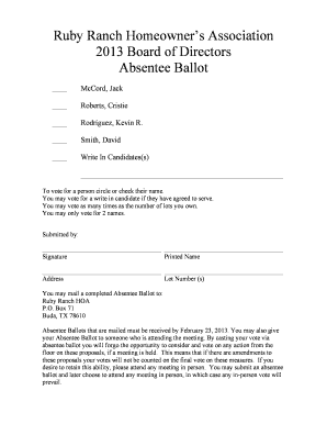 Fillable Online Absentee Meeting Ballot 2013 - Ruby Ranch HOA Fax Email Print - pdfFiller