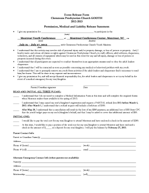 Fillable Online clemmonspresbyterian Event Release Form Clemmons ...
