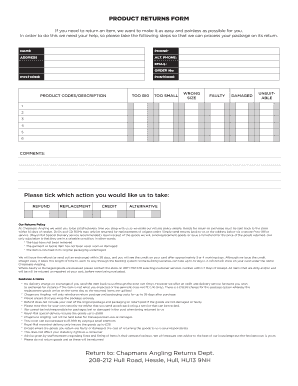 Fillable Online PRODUCT RETURNS FORM - Chapmans Angling Fax Email Print ...
