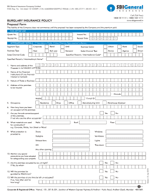 Fillable Online sbigeneral Burglary Proposal Form New - SBI GENERAL ...