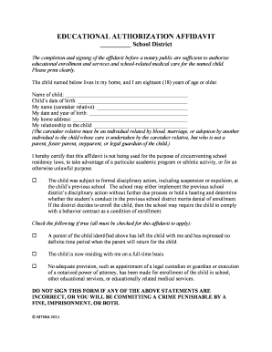 Fillable Online EDUCATIONAL AUTHORIZATION AFFIDAVIT School District Fax ...