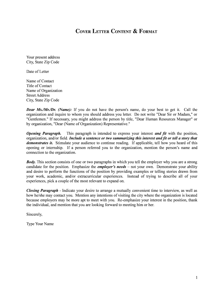 Fillable Online my hamilton COVER LETTER CONTENT & FORMAT Fax Email ...