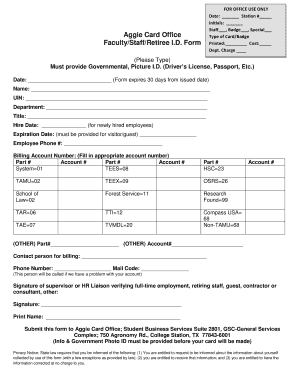 Fillable Online Aggie Card Office Faculty/Staff/Retiree ID Form ...