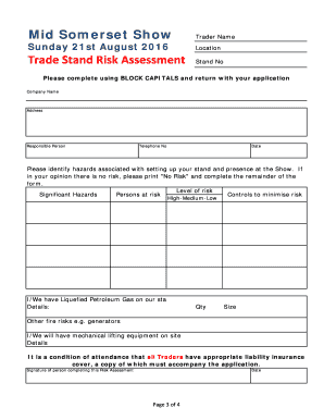 Mid Somerset Show Trade Stand Risk Assessment Stand No - Fill and Sign ...