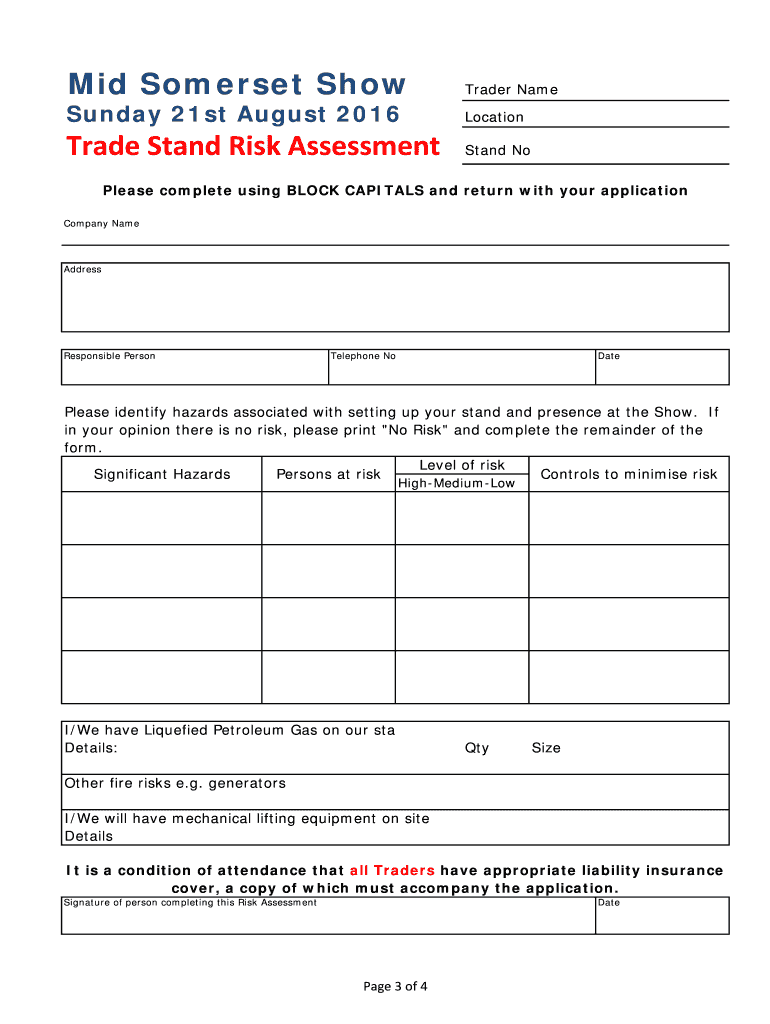 Fillable Online midsomersetshow org Mid Somerset Show Trade Stand Risk ...