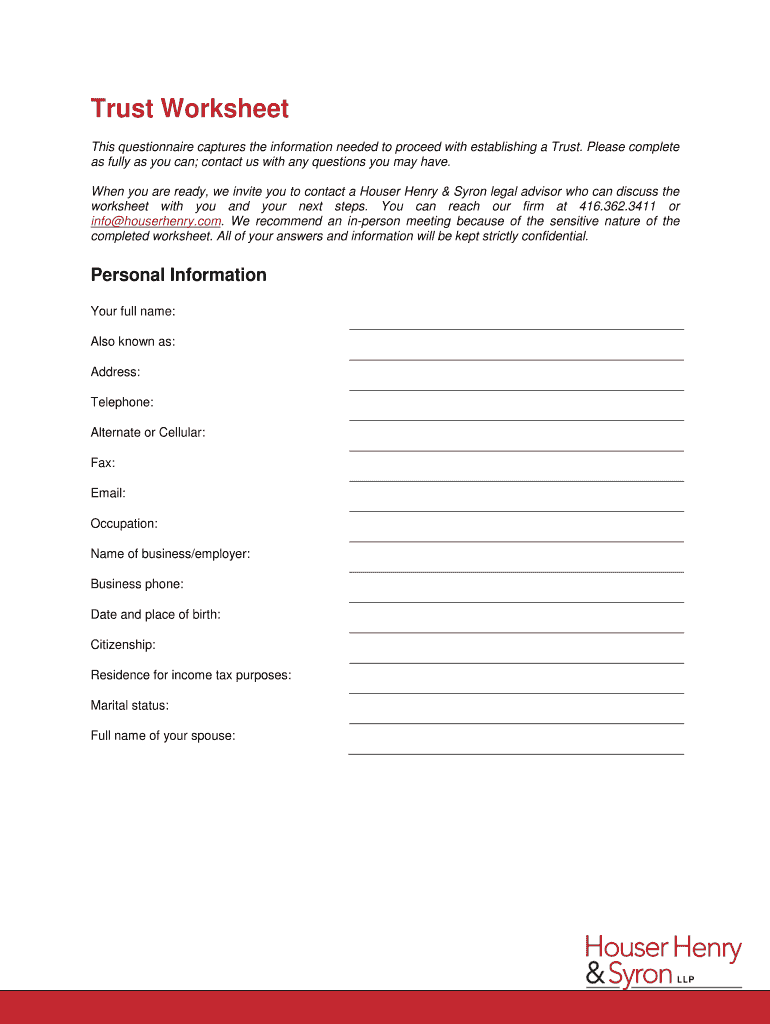 Fillable Online Trust Worksheet This questionnaire captures the ...