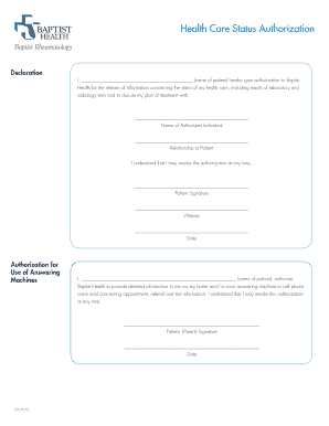 Fillable Online Health Care Status Authorization Fax Email Print ...