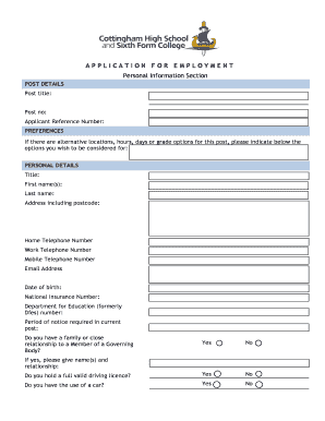 Fillable Online cottinghamhigh CHS Academy Non teaching application ...